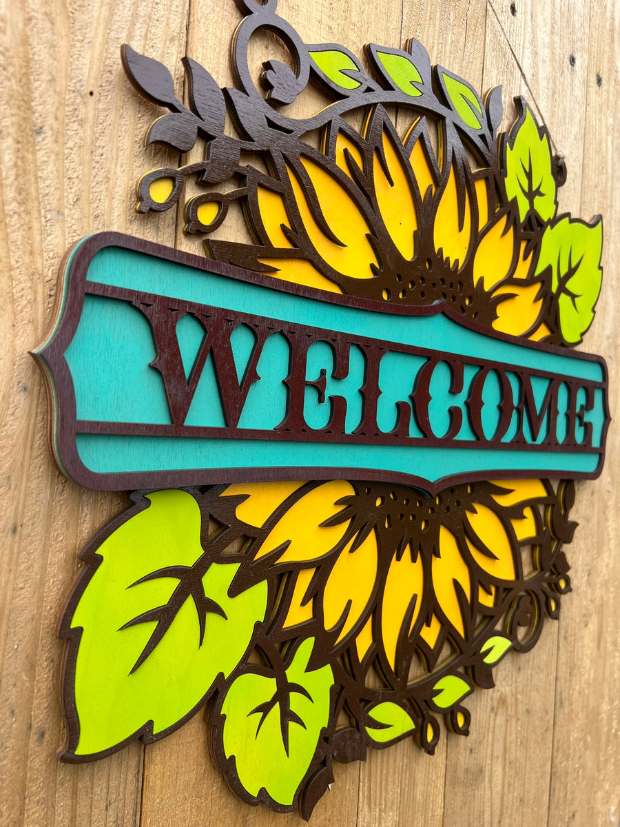 Personalized "Welcome" Sunflower Multi-Layered Wooden Sign – DesertedDesign